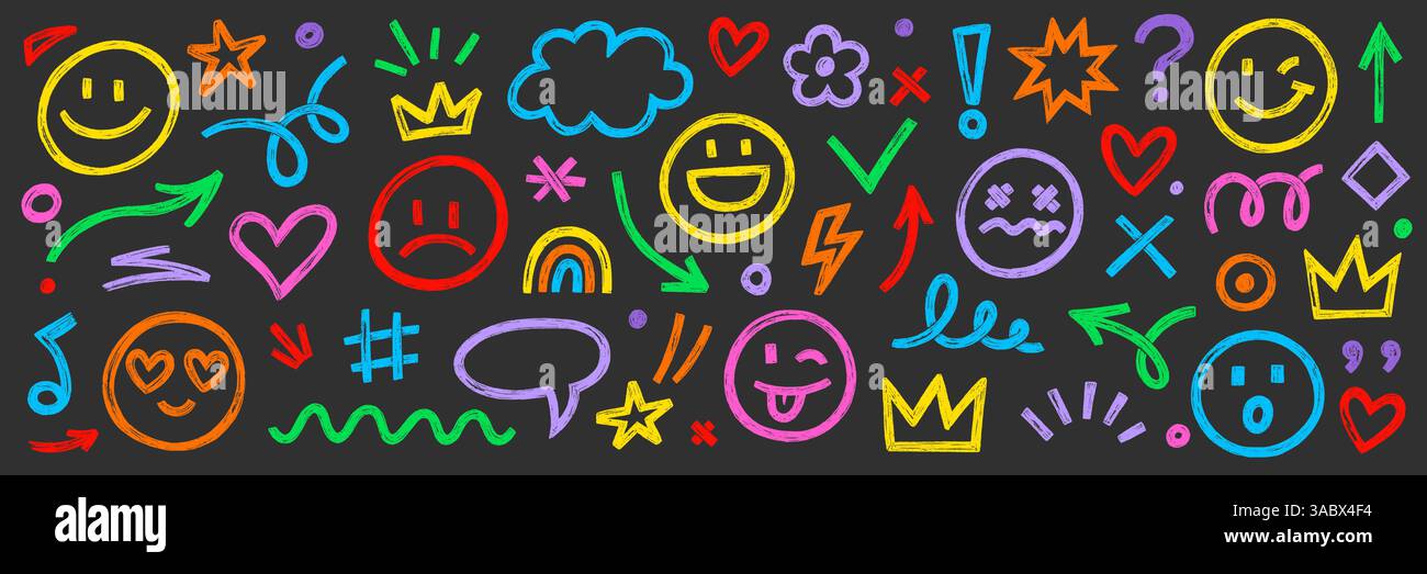 Smile brush hand drawn vector element set. Emoji fun face, heart, crown ...