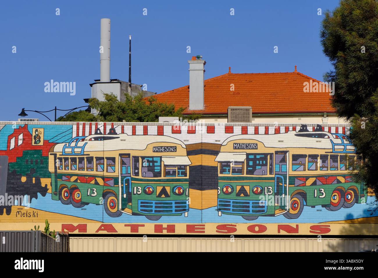Mural by Mel McVee Melski commemorating old trolley buses and Mathesons ...