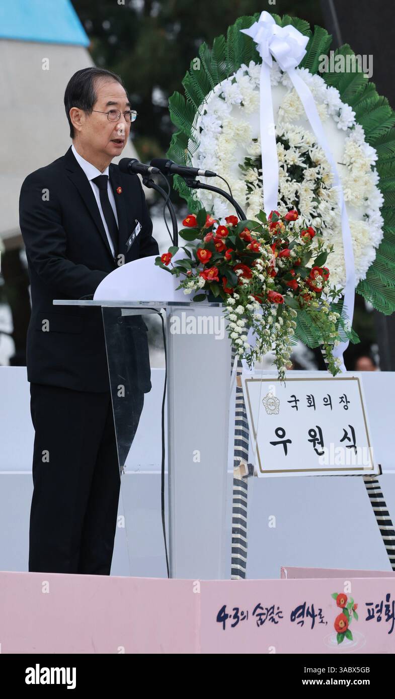 03rd Apr, 2025. Anniv. of honoring victims of Jeju massacre Acting President Han Duck-soo, who ...