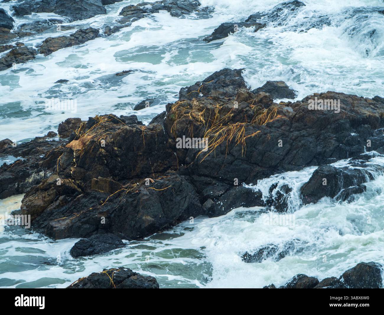 Hazardous surf, wild waves and high tides crashing over rocks leaving ...