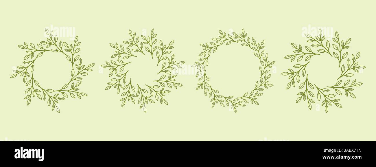Simple flower circle frame set. Hand drawn green round line border ...