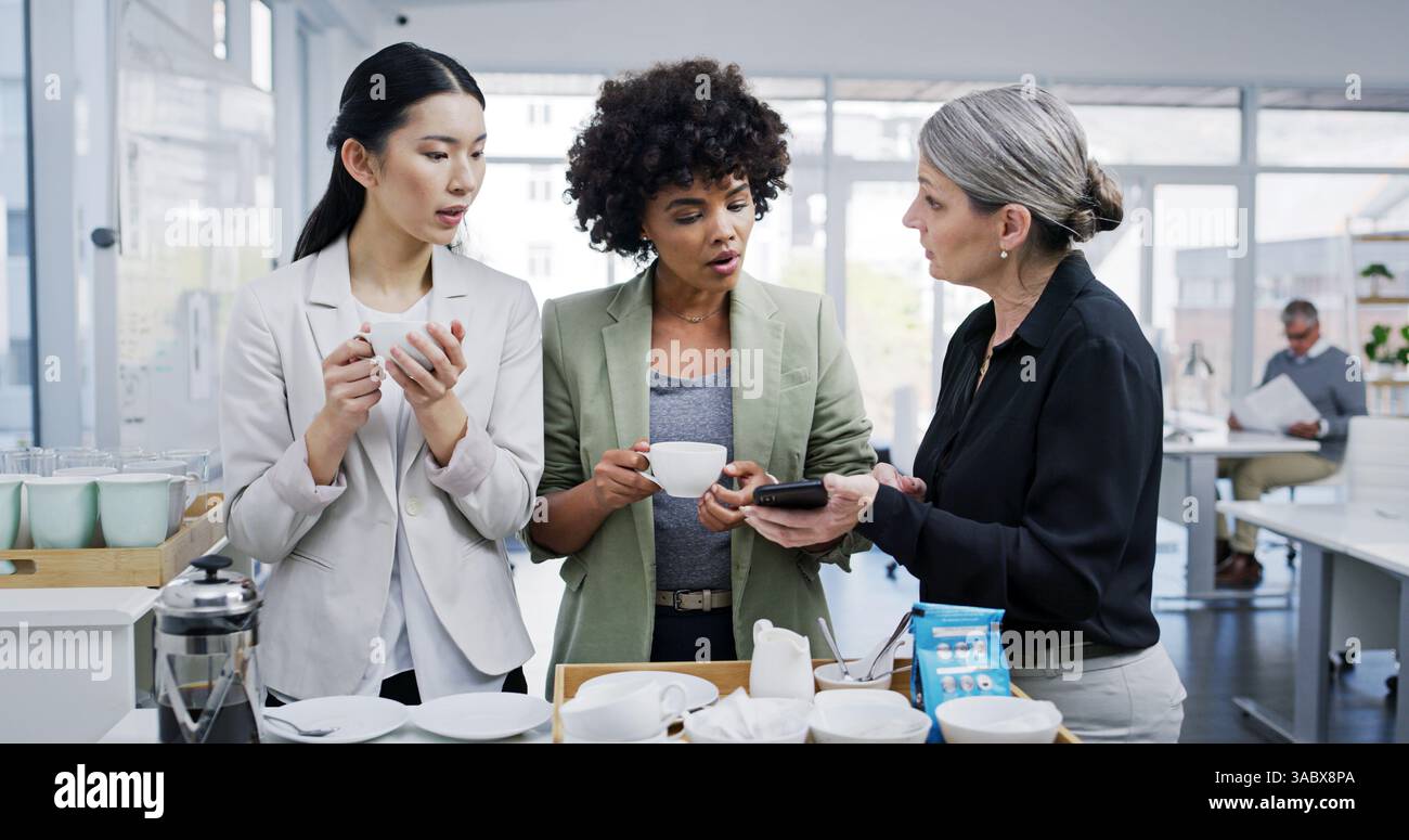 Businesswomen, coffee break and office with talk, gossip and ...