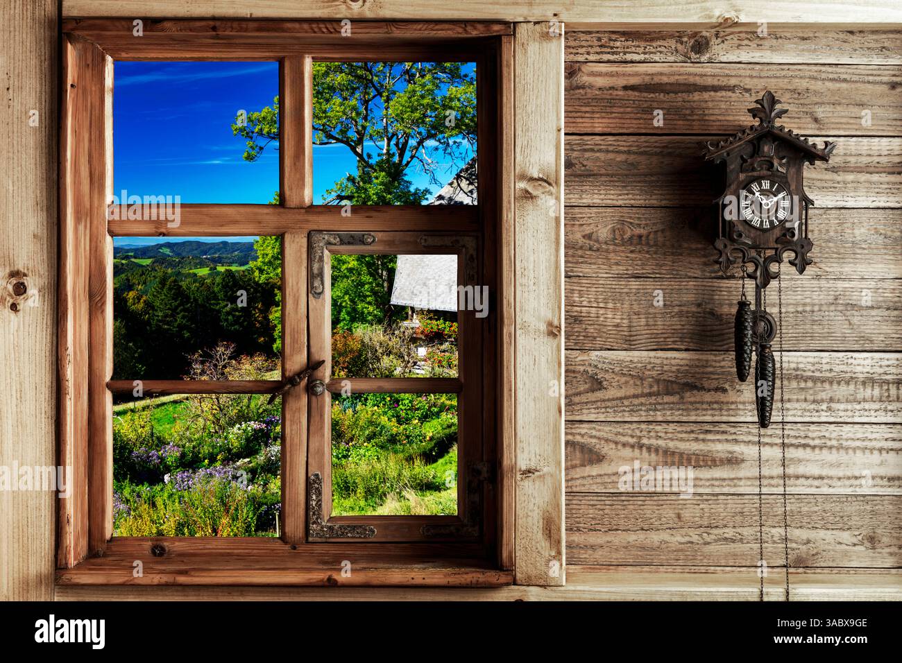 rustic farmhouse parlor with a view of the landscape from the window ...