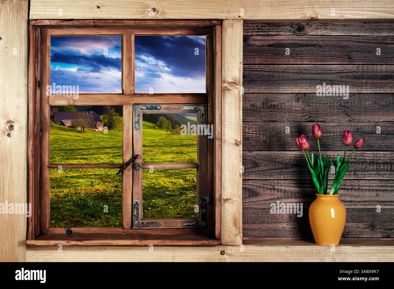 rustic farmhouse parlor with a view of the landscape from the window ...