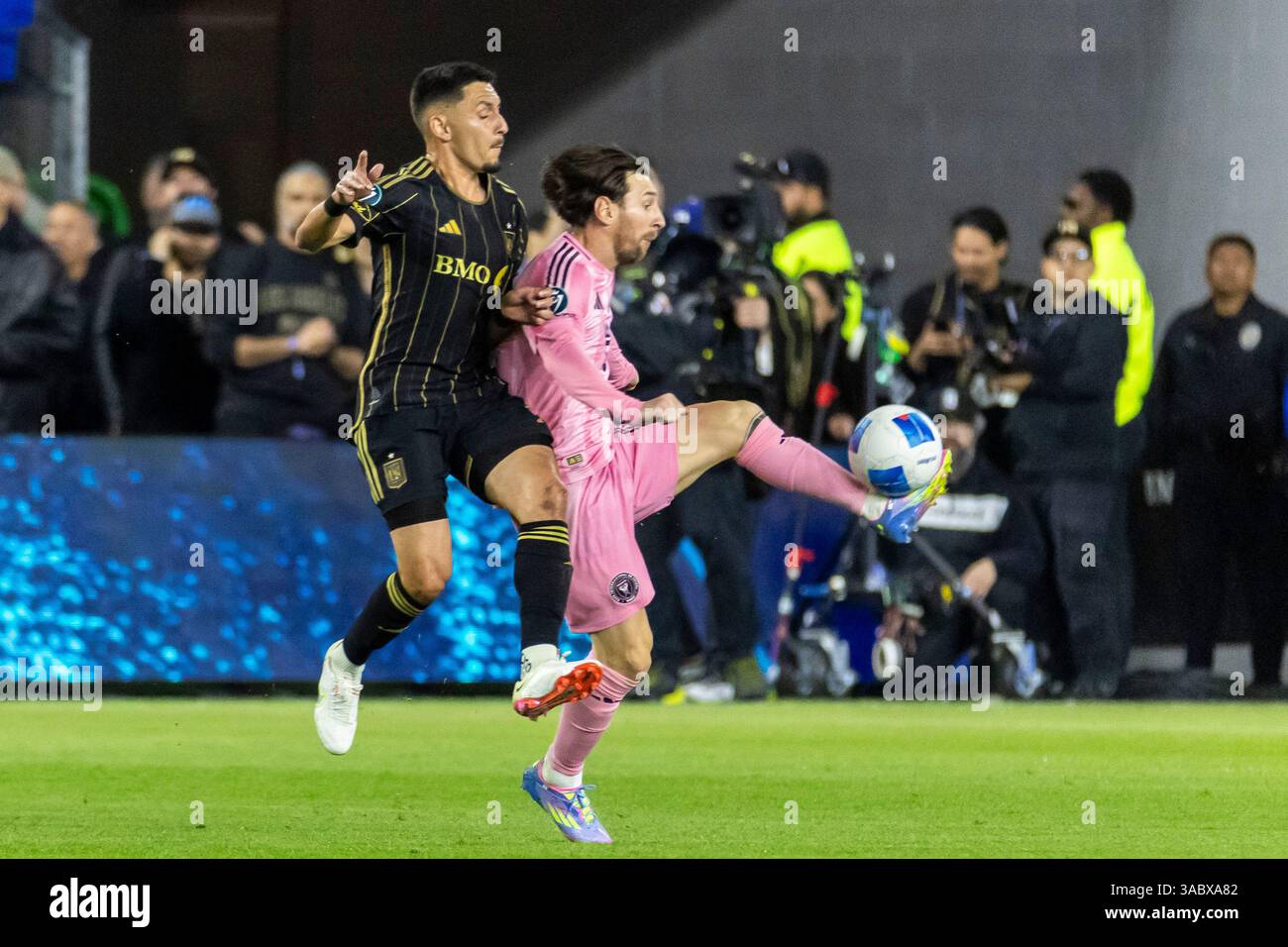 April 2, 2025, Los Angeles, California, USA: Inter Miami's Lionel Messi #10 and Los Angeles FC's ...