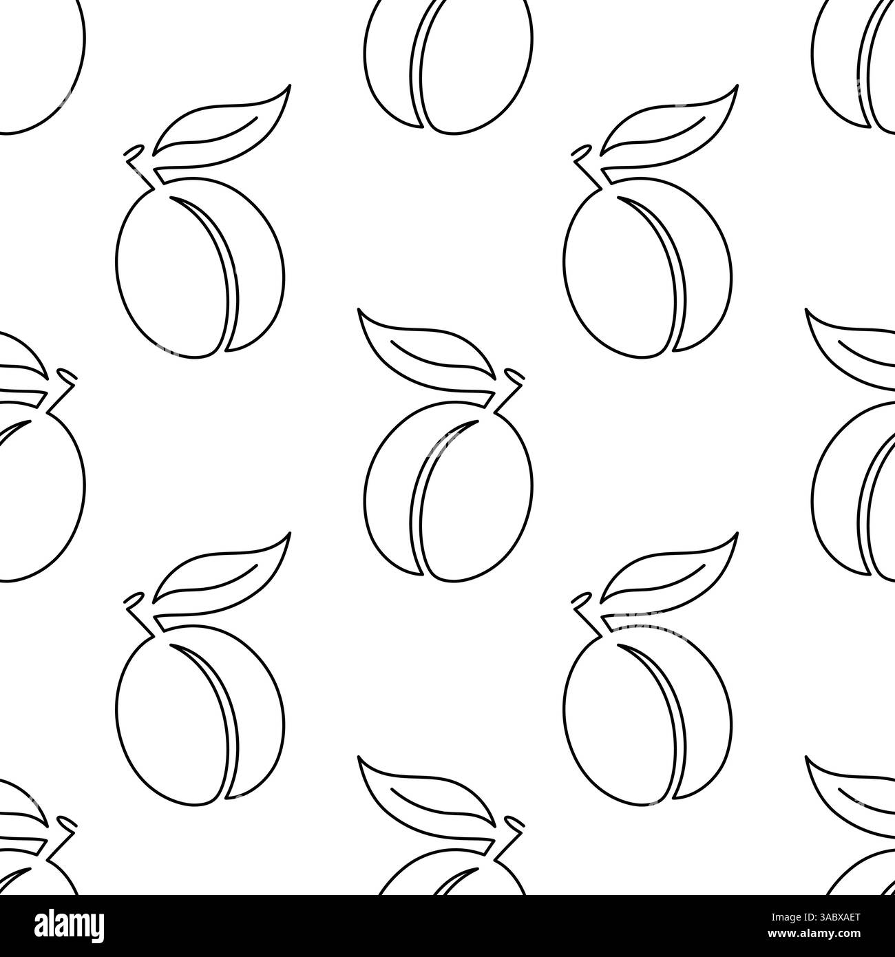 Apricot fruit seamless pattern. Single line illustration. Line art plum ...