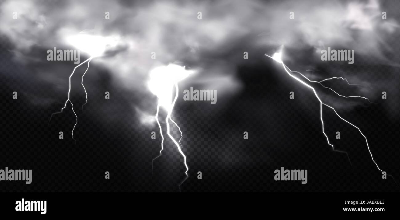 Lightning bolts strike across stormy sky - dramatic powerful electrical discharges streak ...