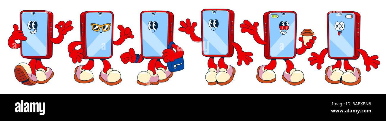Groovy smartphone characters set isolated on white background. Vector ...