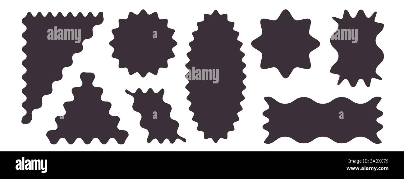 Black scallop edge shapes set isolated on white background. Vector realistic illustration of ...