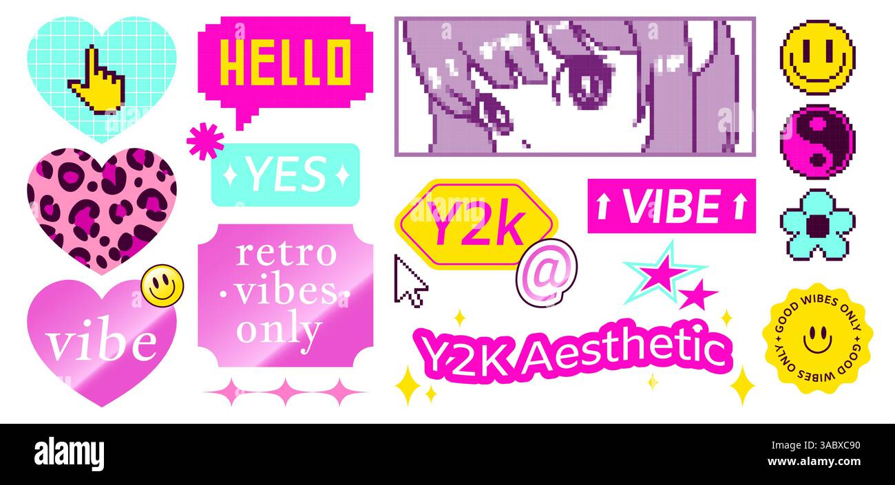 Groovy pixel stickers set isolated on black background. Vector ...