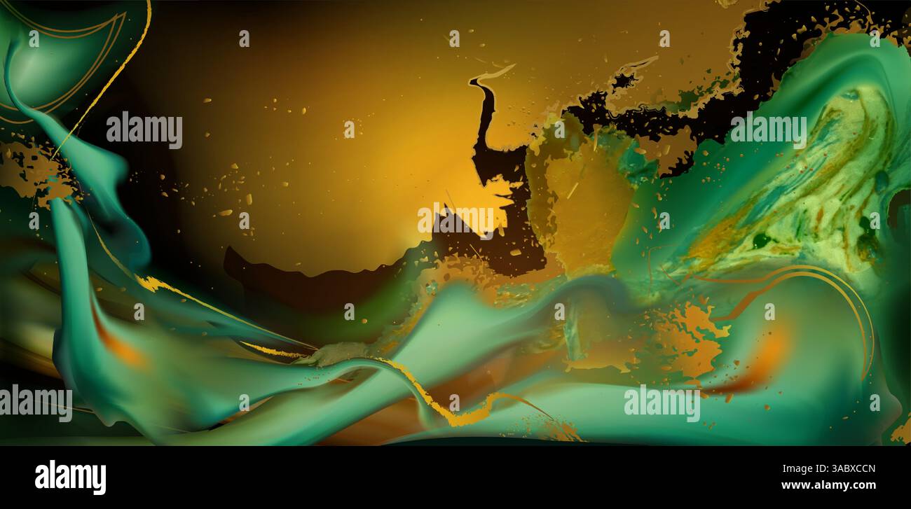 Turquoise and golden watercolor background. Vector realistic illustration of abstract wallpaper ...