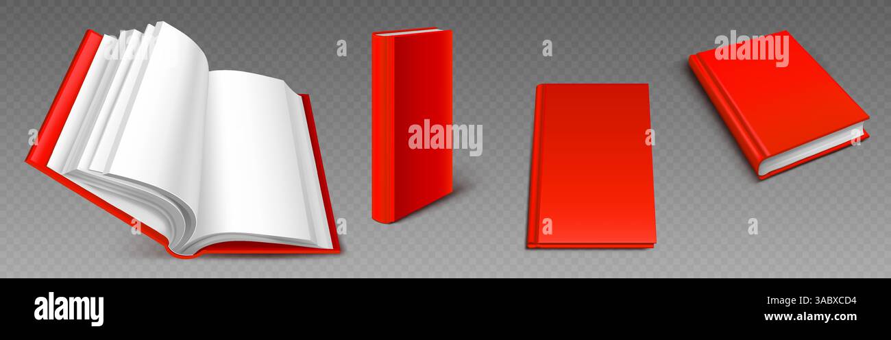 3d open red book set from different angles - flipped blank white pages ...