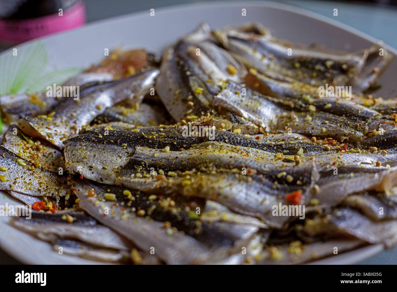small fillet of fish marinated before cooking. Healthy food Stock Photo ...