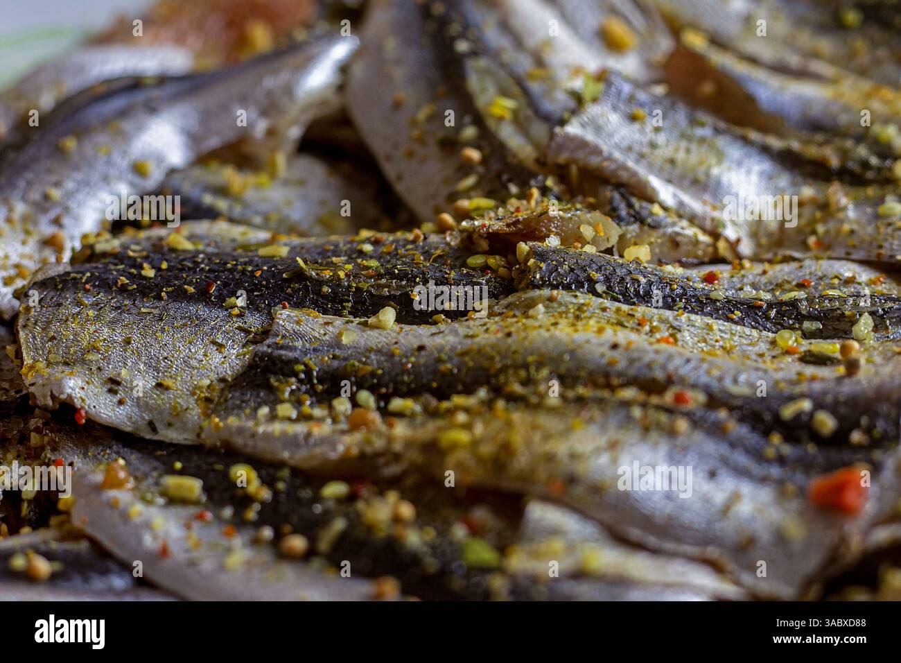 small fillet of fish marinated before cooking. Healthy food Stock Photo ...