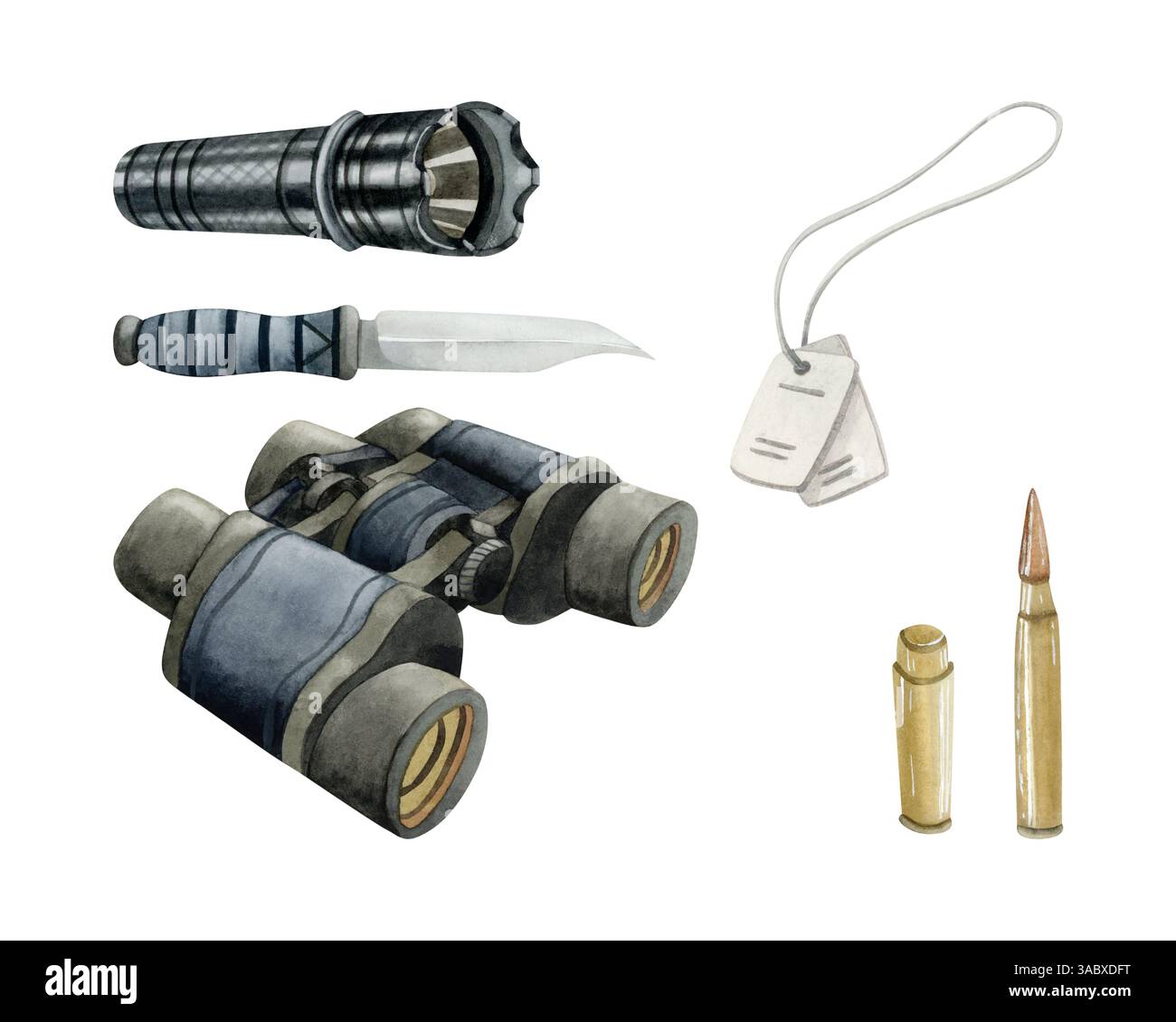 Tactical military equipment watercolor illustration set isolated on ...