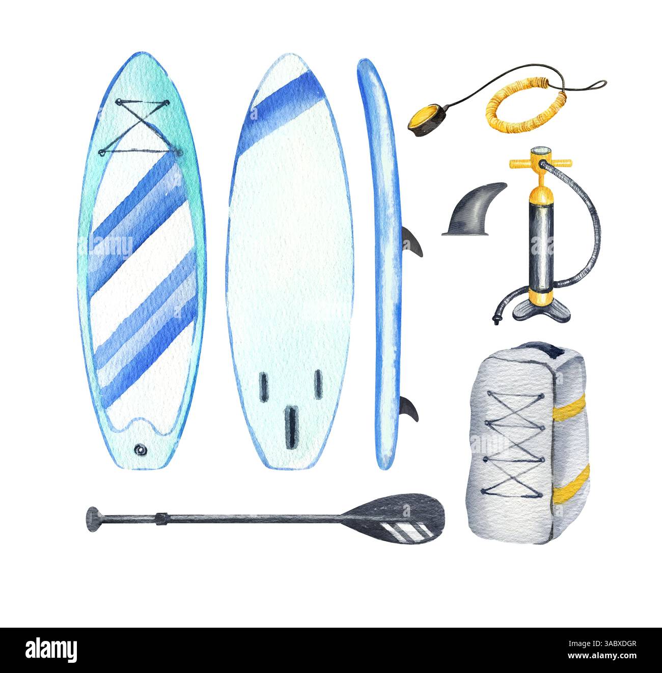 watercolor set of blue inflatable stand up paddle board and equipment ...