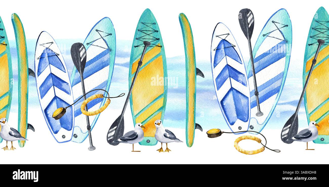 watercolor inflatable paddleboards stands and equipment, seabirds ...