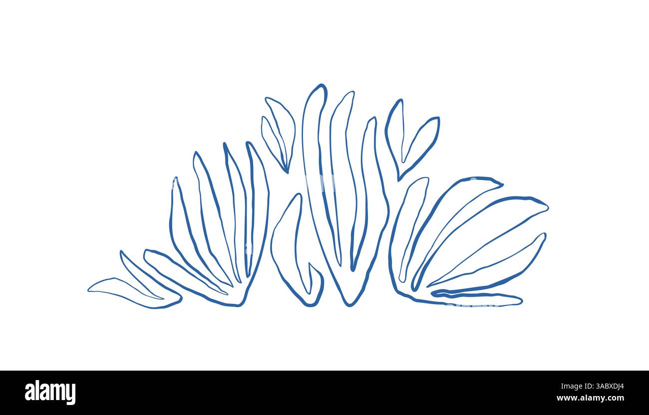 Seaweed silhouette of hand drawn doodle illustration. Underwater sea life summer holiday. Blue ...
