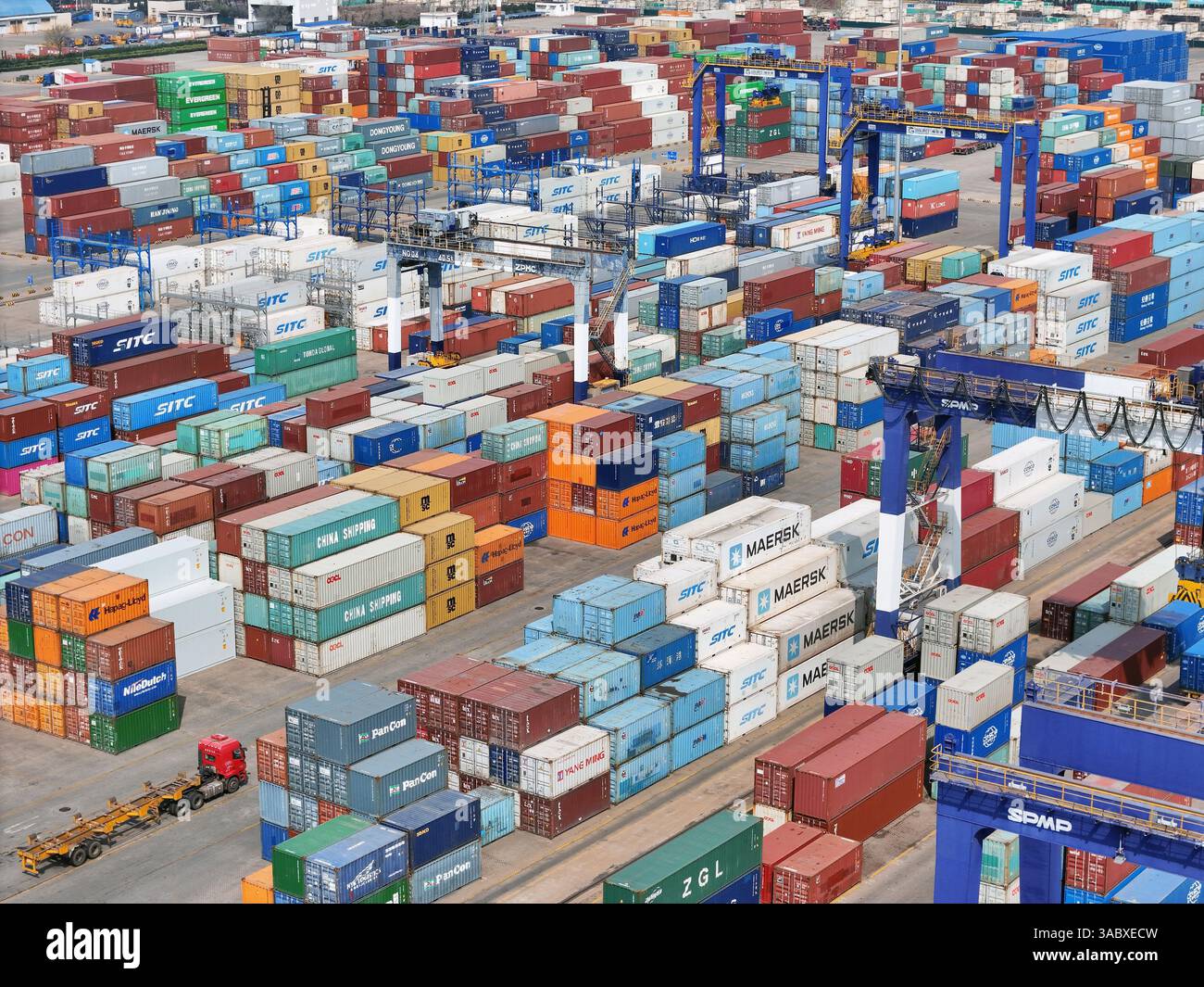 YANTAI, CHINA - APRIL 3, 2025 - Containers stacked at Yantai Port ...