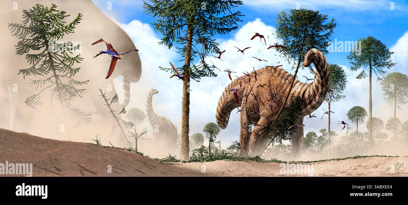 Illustration of a herd of Apatosaurus louisae dinosaurs bulldozing an ...