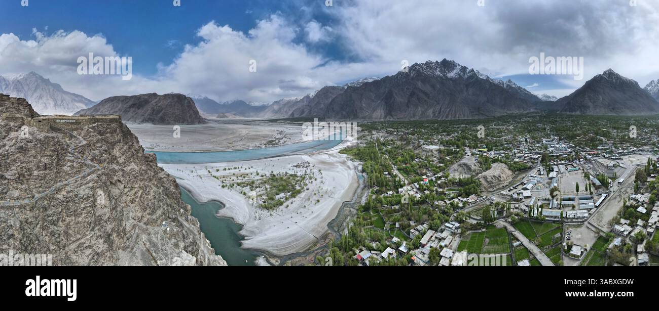A 180-degree aerial panorama of Skardu Valley, Indus River delta, and ...
