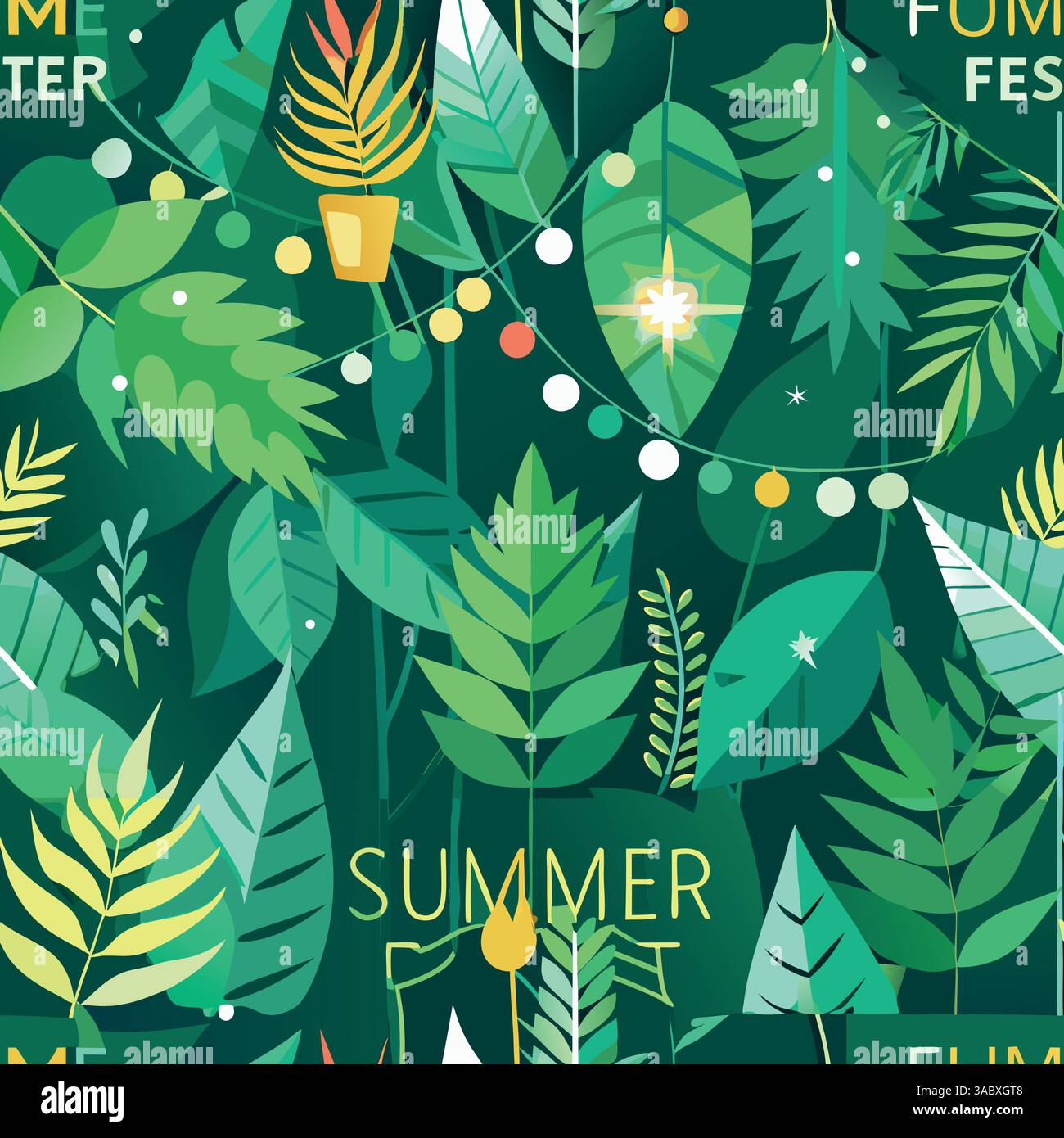 Summer festival background with tropical leaves and decorative lights ...