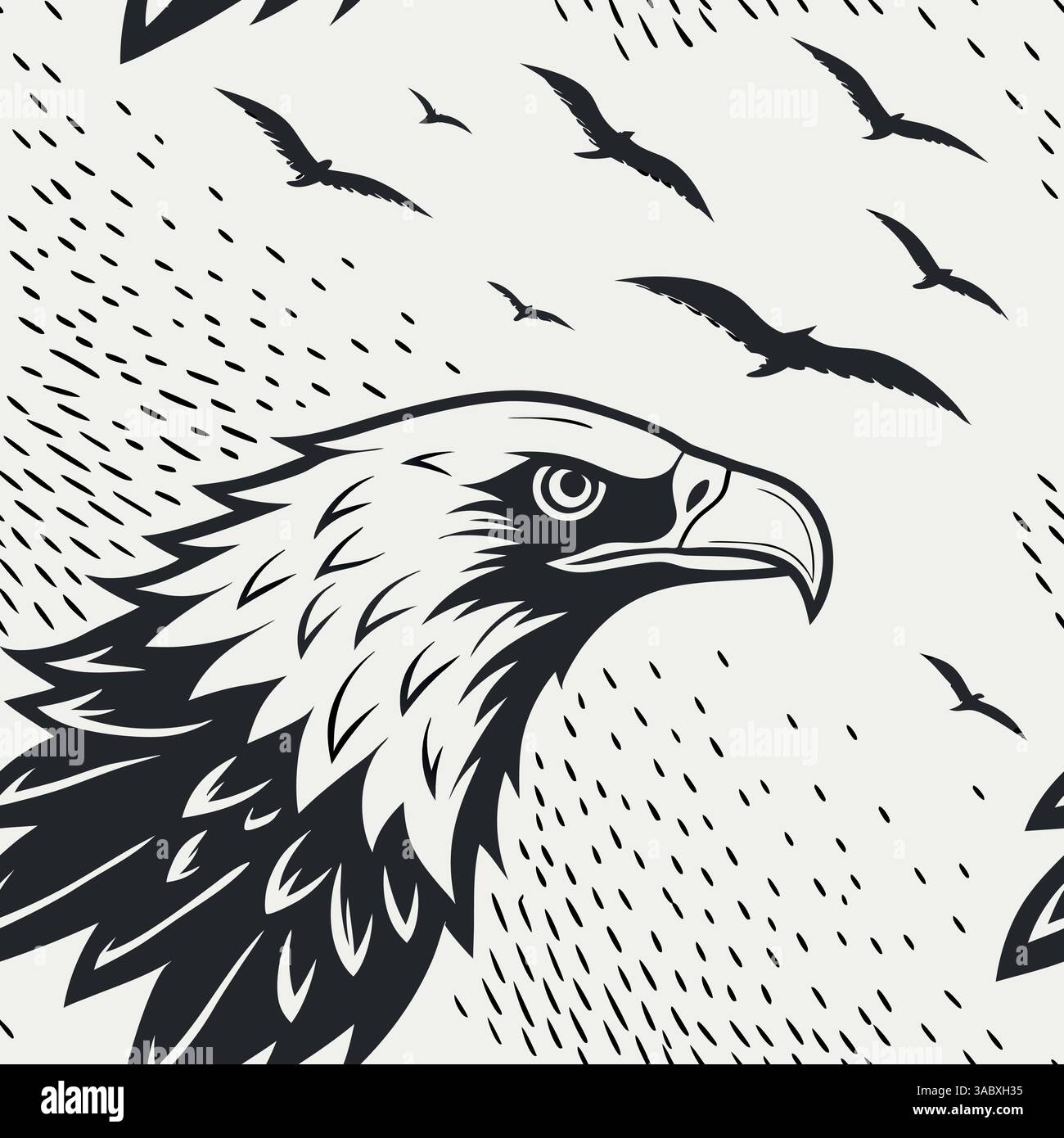 A detailed illustration features the head of a powerful eagle ...