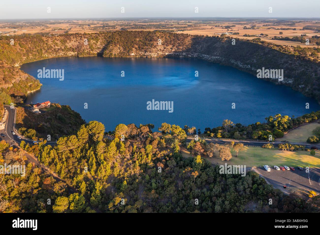 Aerial view of a calm lake in an extinct volcanic crater at Mount ...