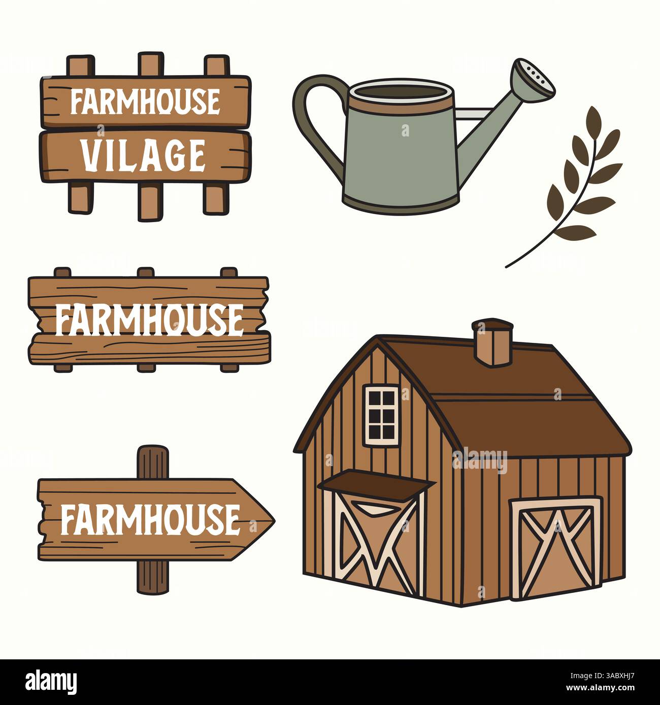 Rustic illustration set inspired by farmhouse living, featuring wooden ...