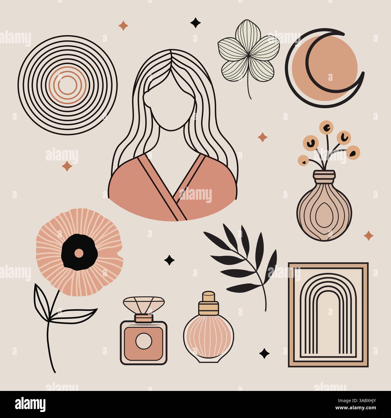 Boho chic clip-art set featuring a faceless woman, floral elements ...