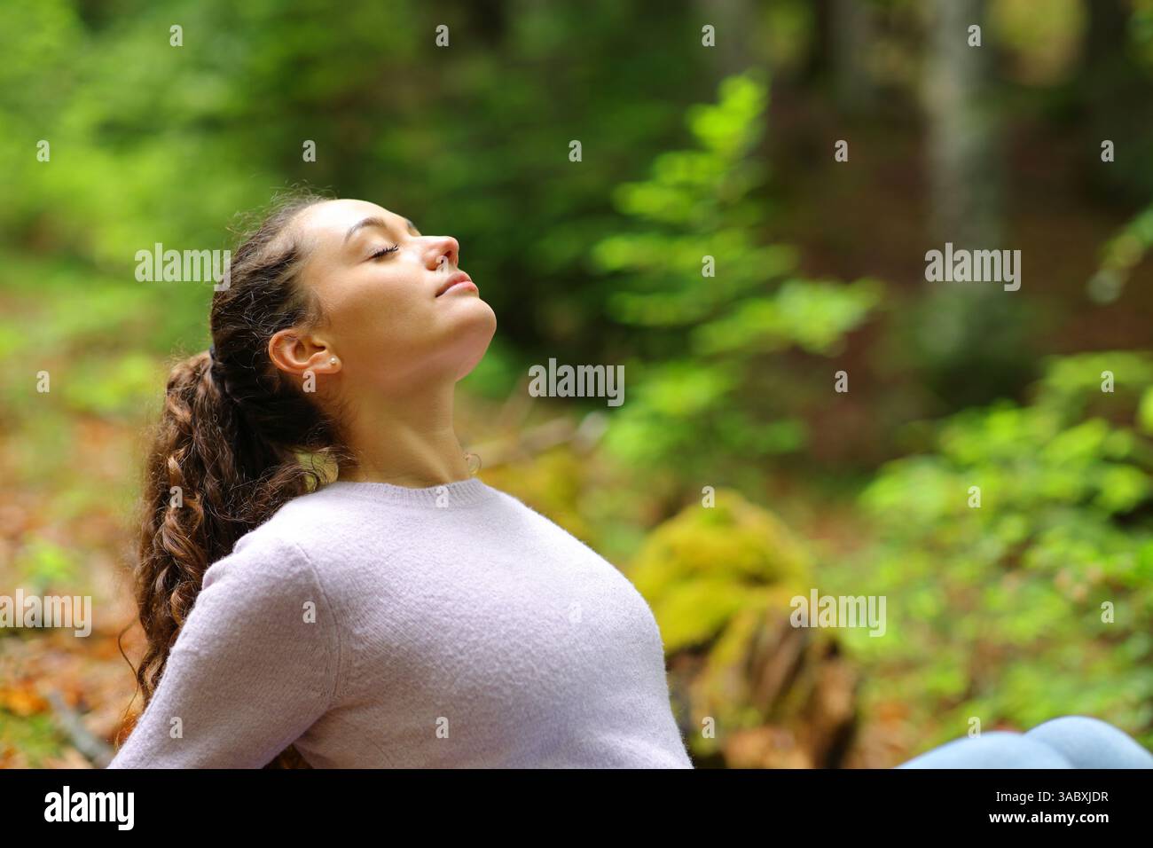 Casual woman sitting in a forest relaxing breathing fresh air Stock ...