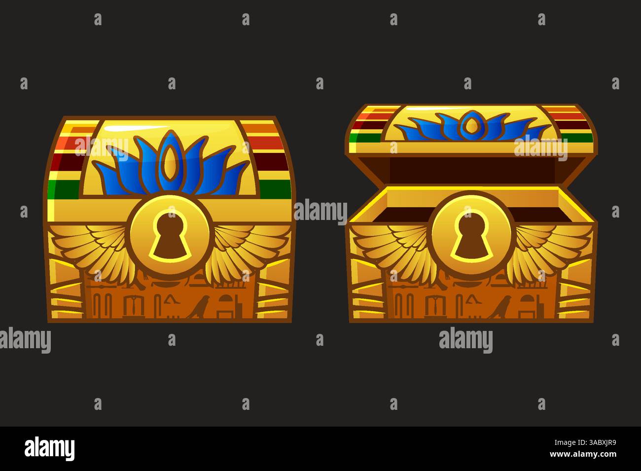 Closed and open Egyptian treasure chest. Vector cartoon illustration of ...