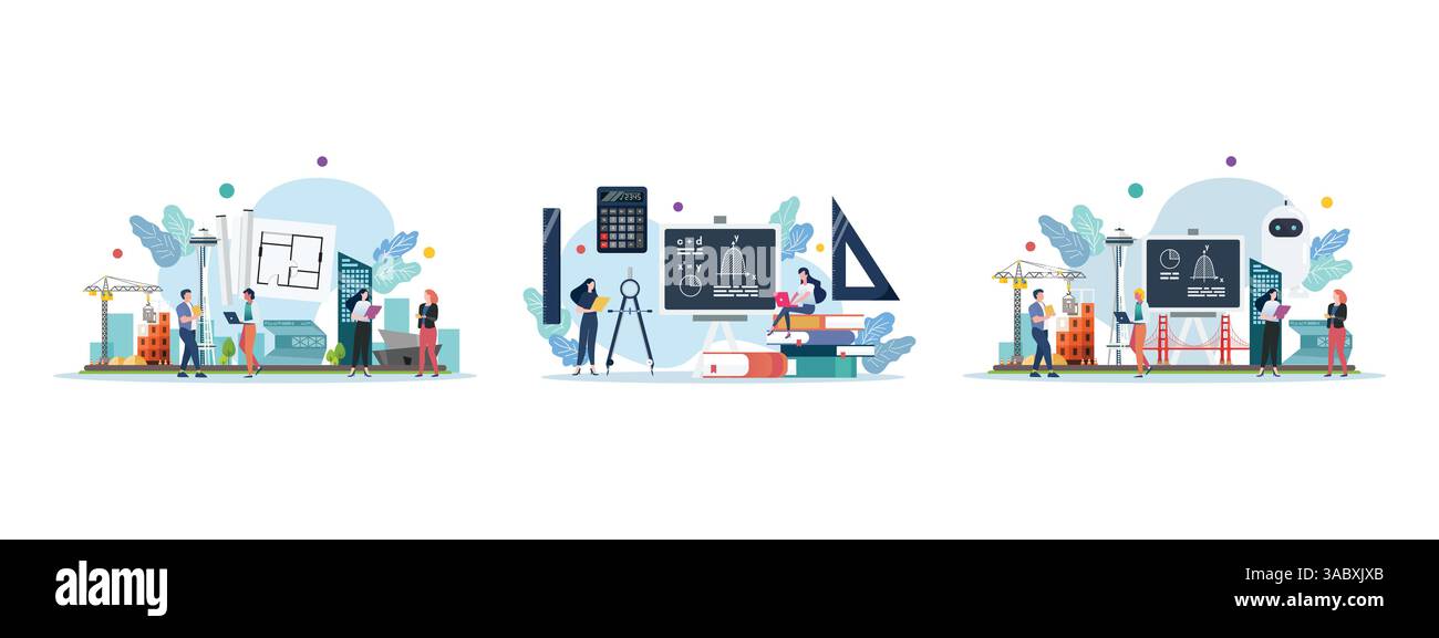 Construction and engineering scenes with miniature people. Architecture ...