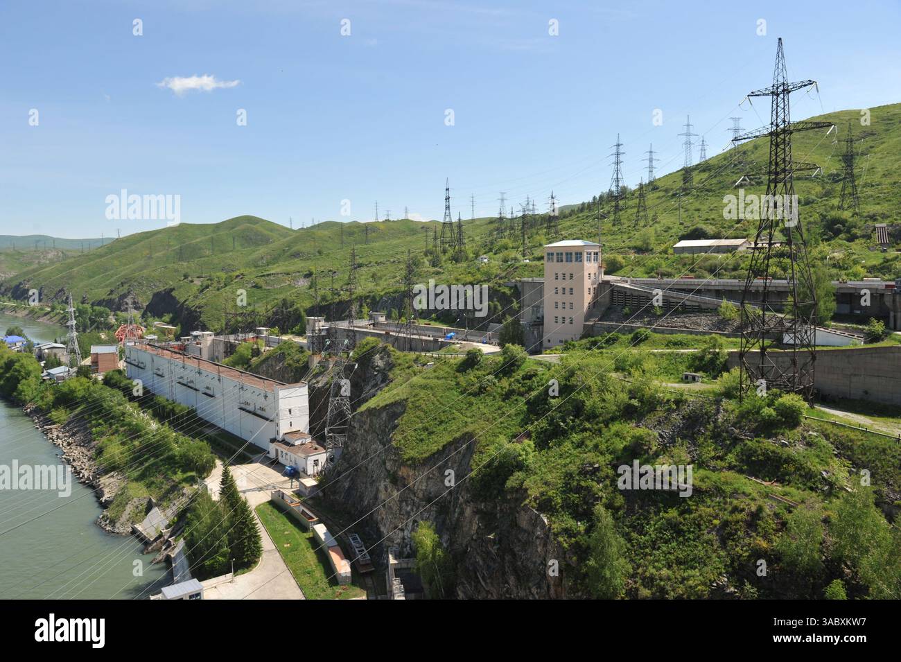 Transmission lines at Bukhtarma hydroelectric power station Stock Photo ...