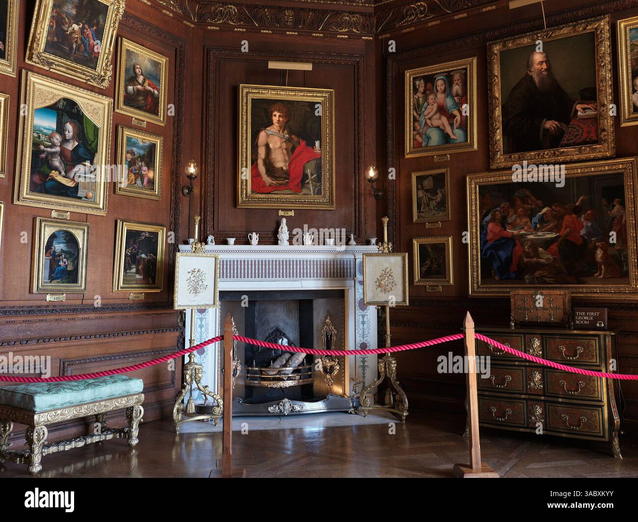 Corner fireplace in the First George room at Burghley House, Stamford ...