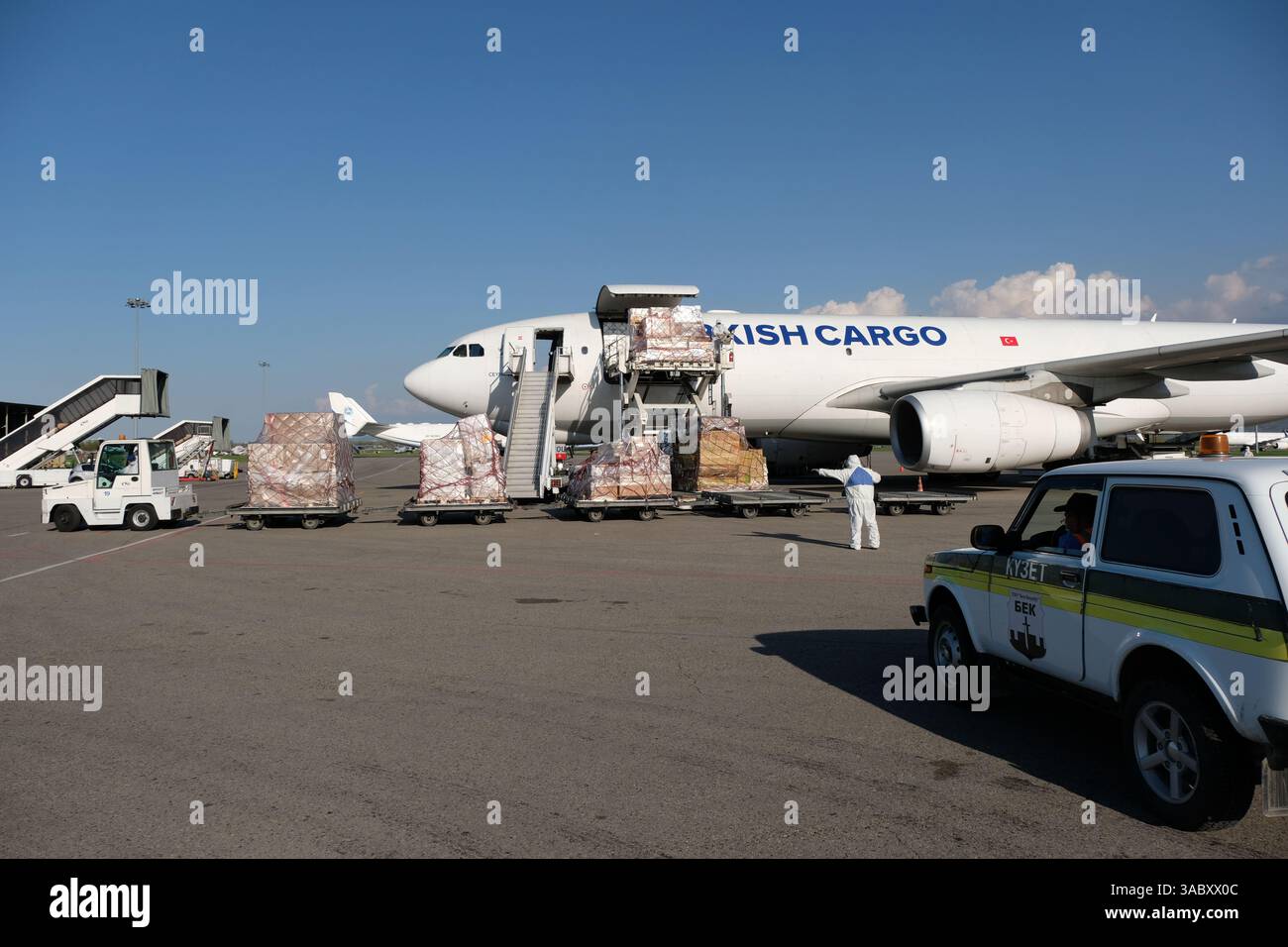 Turkish Cargo plane with humanitarian cargo landed at the airport Stock ...