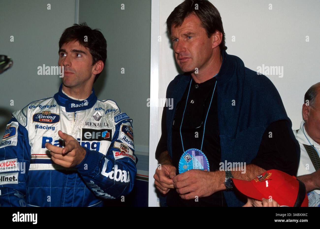 Damon Hill and golfer Nick Faldo, right..British Grand Prix, Silverstone, 14th July 1996 (Credit ...