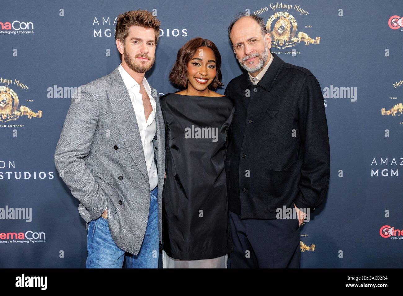 (L to R) Andrew Garfield, Ayo Edebiri and Luca Guadagnino attend the ...