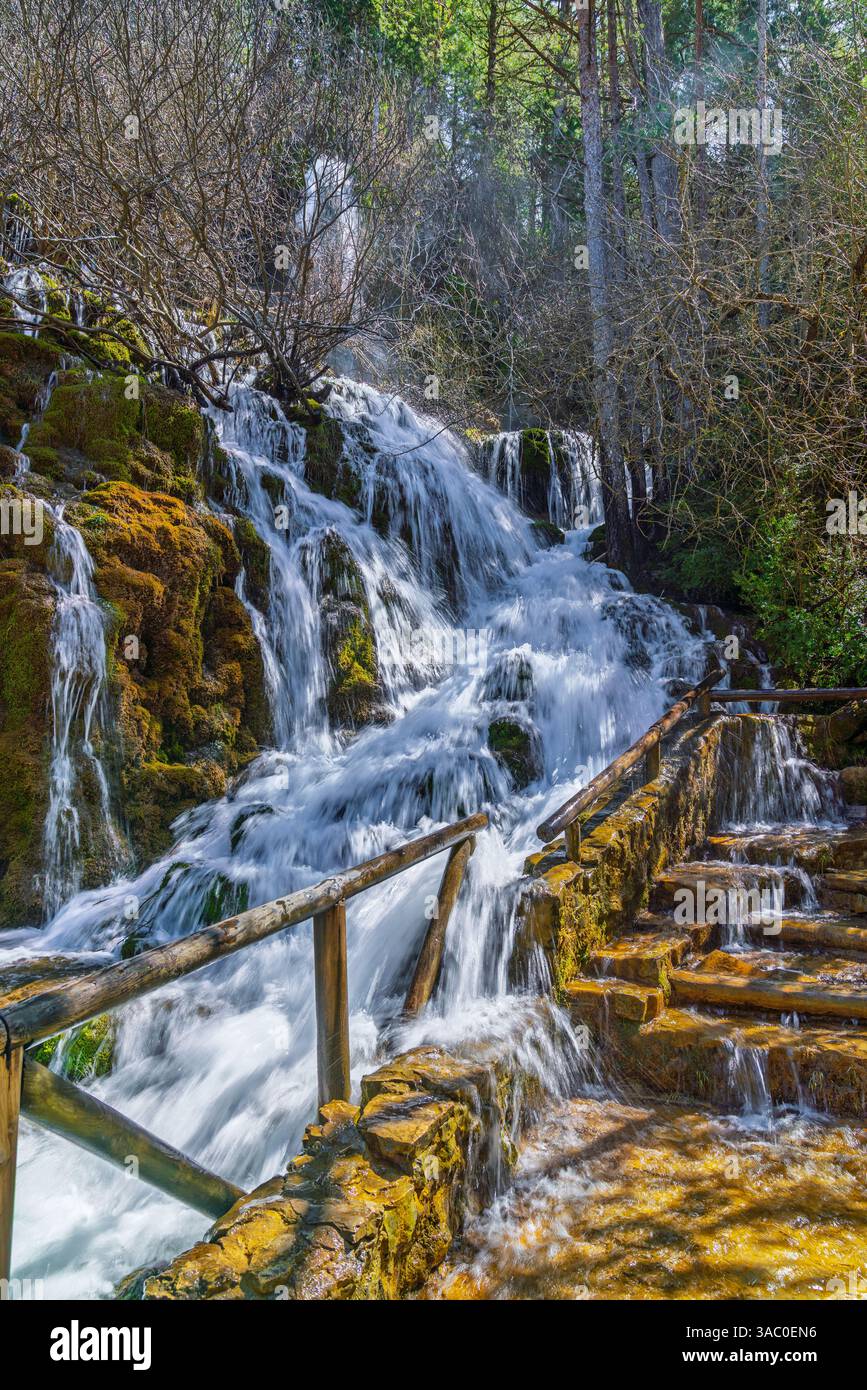 Waterfall in nature, source of Raven River, Cuenca, Spain Stock Photo ...