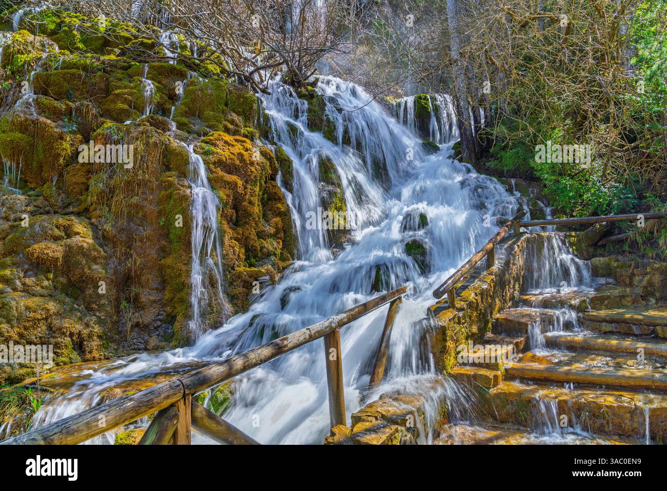 Scenic waterfall in nature, source of Raven River, Cuenca, Spain Stock ...