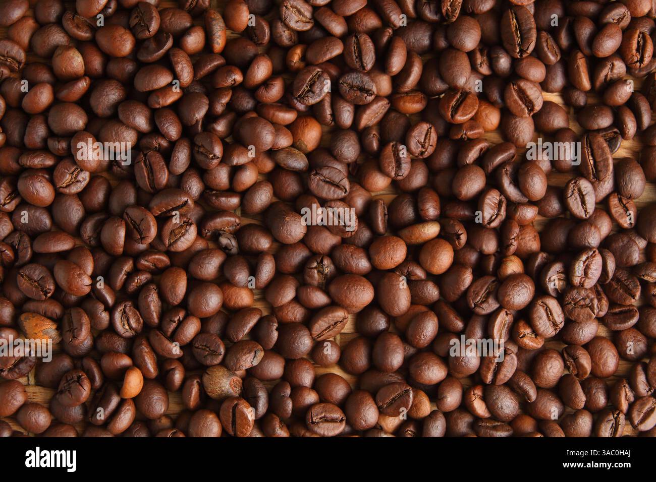 Top-down perspective of dark roasted coffee beans, highlighting their ...