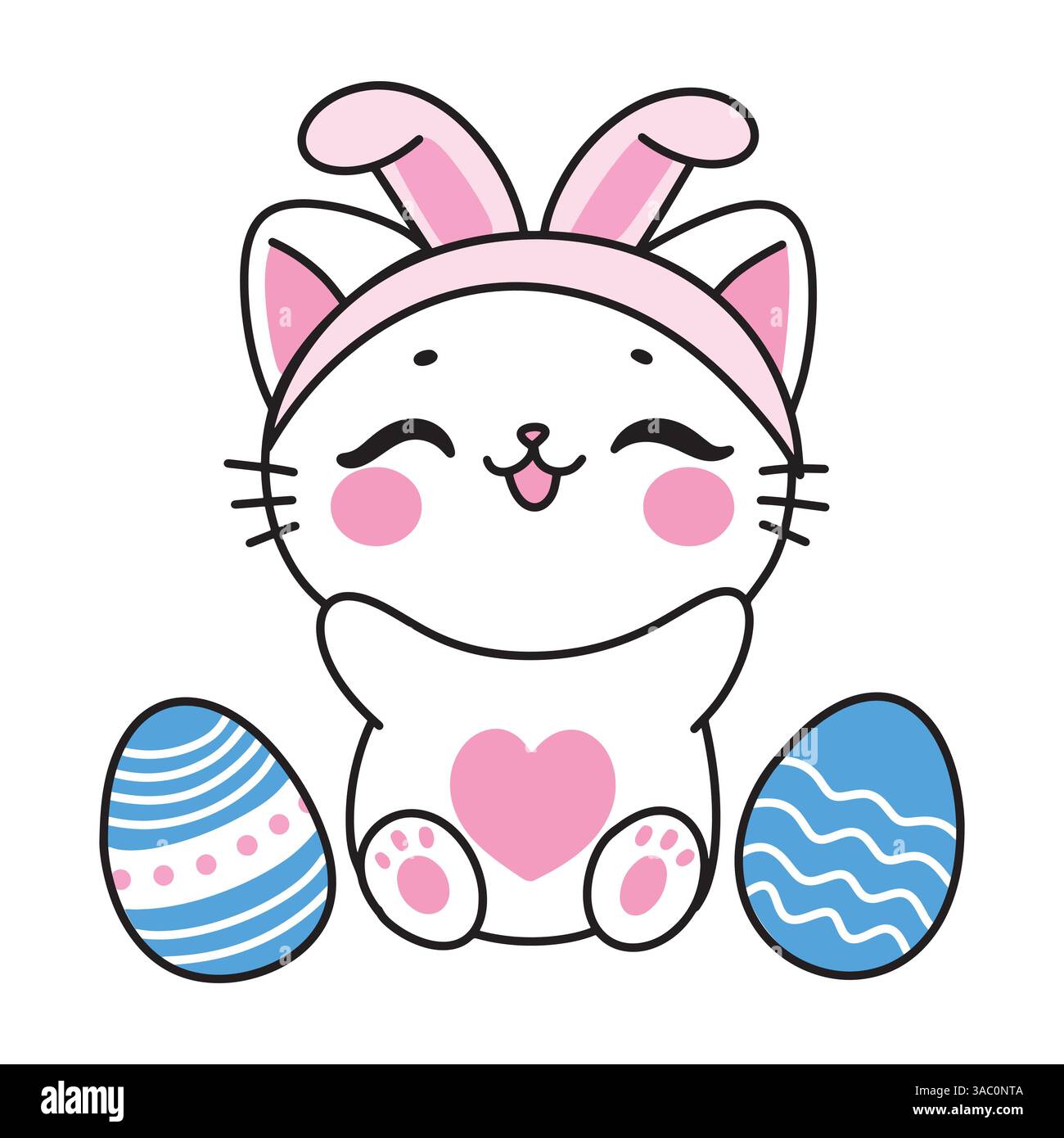 Cute Kawaii Kitten Cat Character Wearing Bunny Ears. Adorable Hand ...