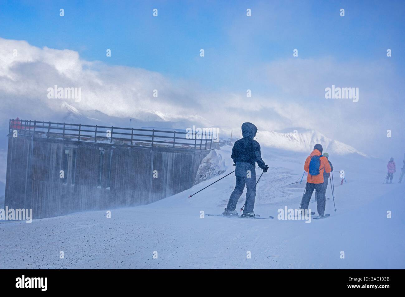 family of skiers moves along a transit route in bad weather in the alps ...