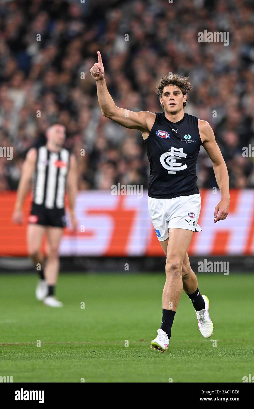 Melbourne, Australia. 03rd Apr, 2025. Charlie Curnow of Carlton reacts ...
