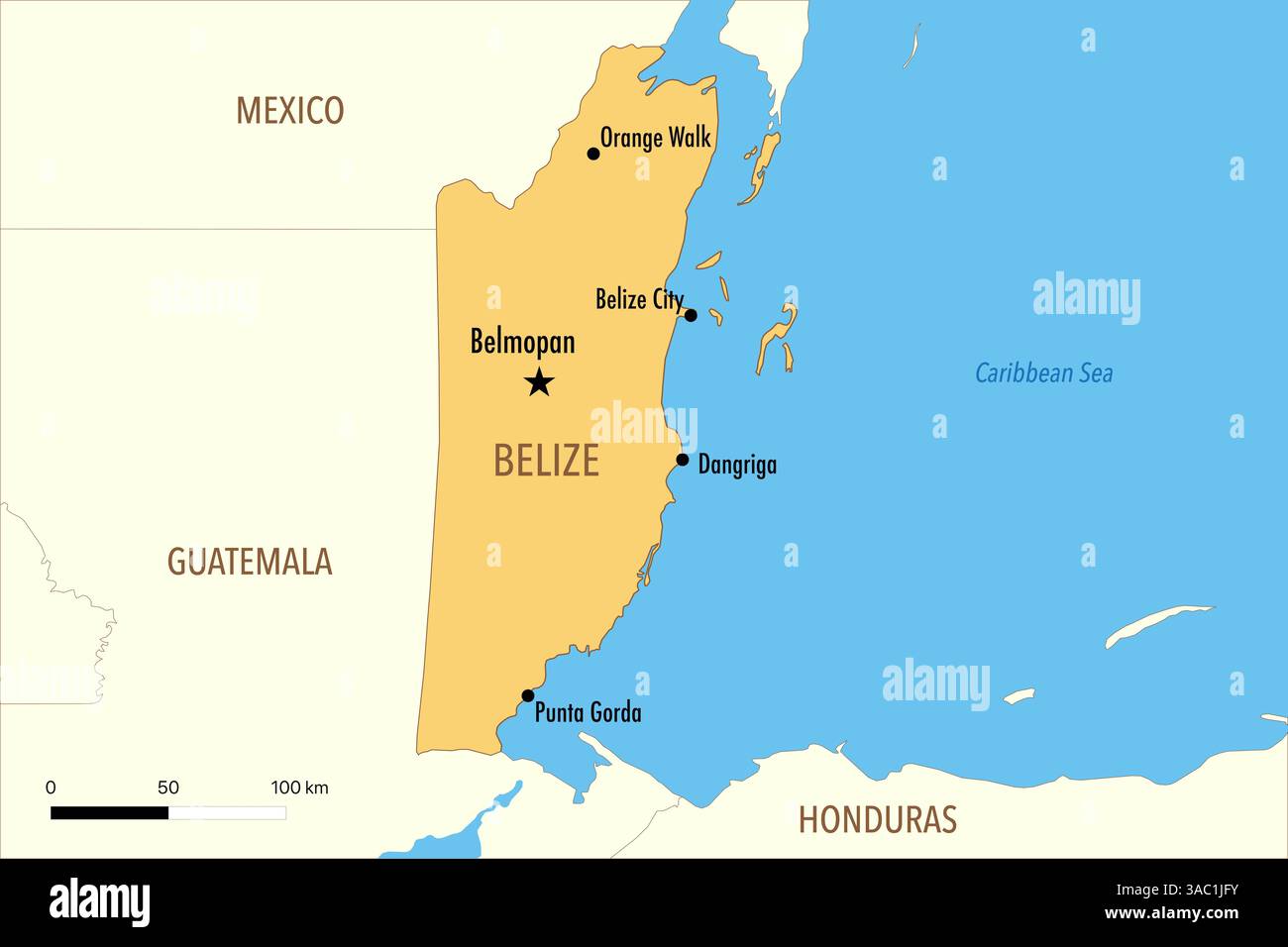 Map of Belize with Major Cities and Neighboring Countries Stock Photo - Alamy