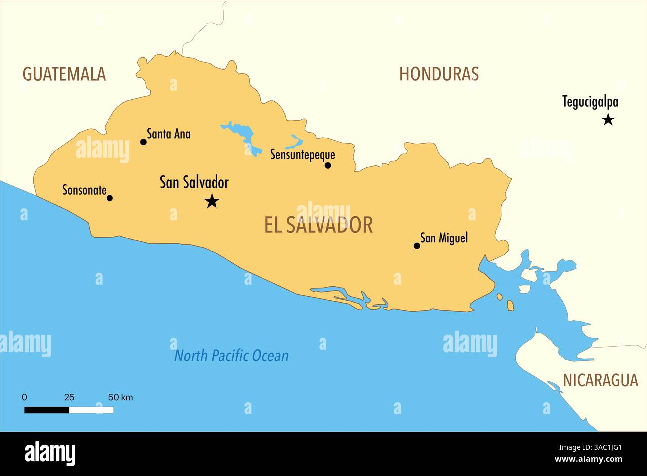 Map of El Salvador with Major Cities and Neighboring Countries Stock ...