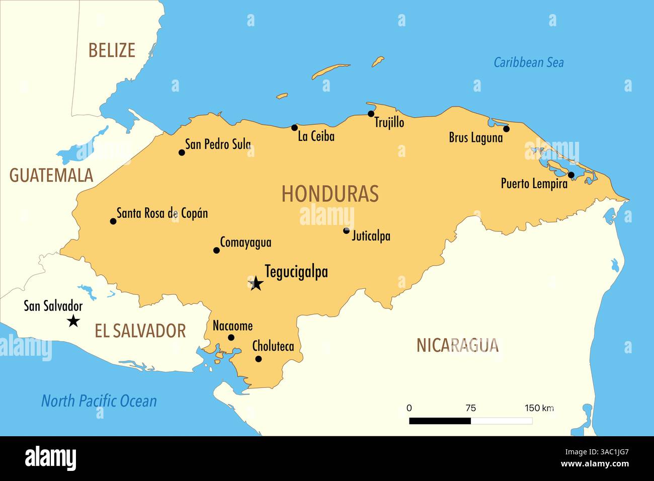 Map of Honduras with Major Cities and Neighboring Countries Stock Photo ...