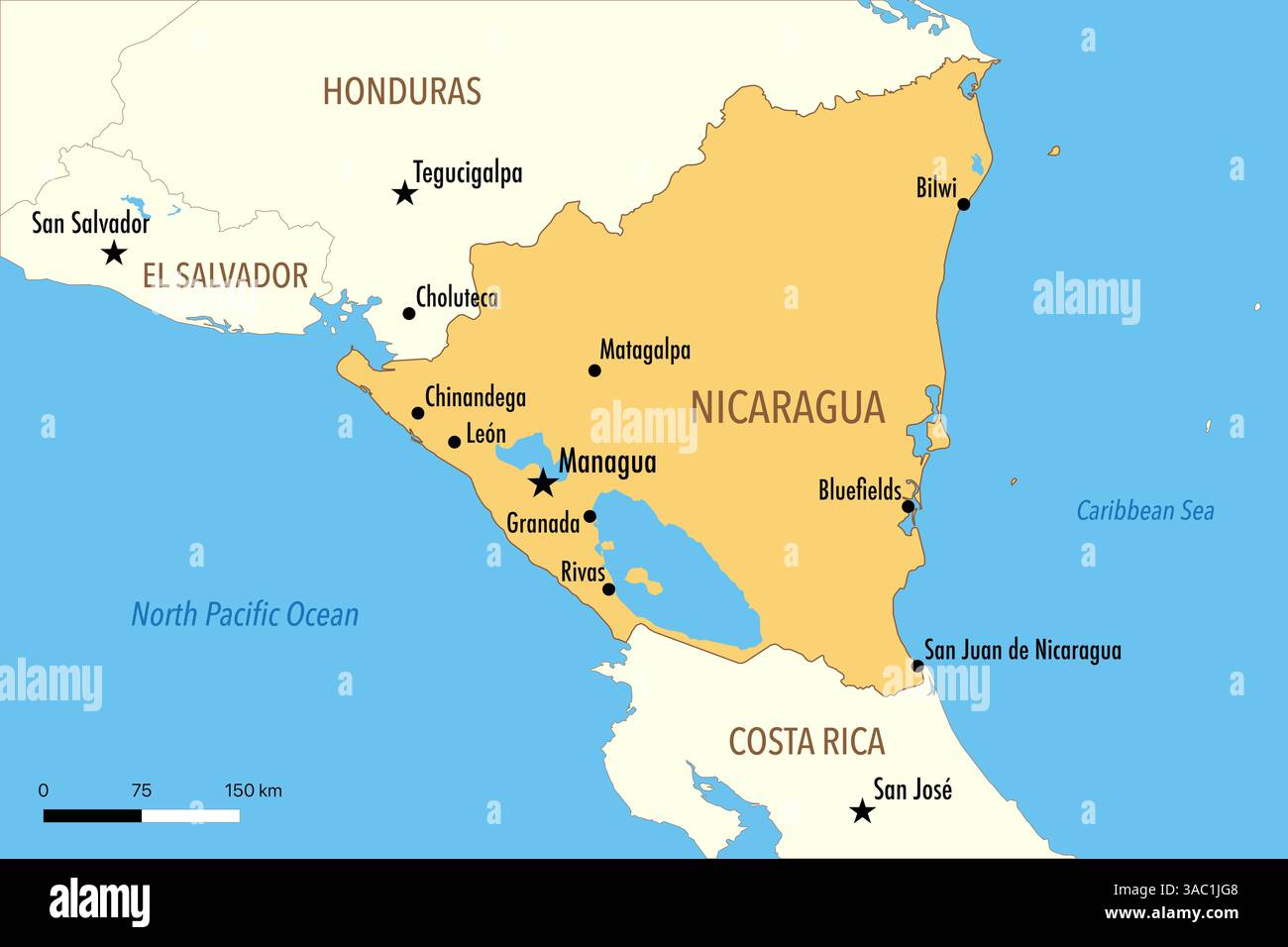Map of Nicaragua with Major Cities and Neighboring Countries Stock ...