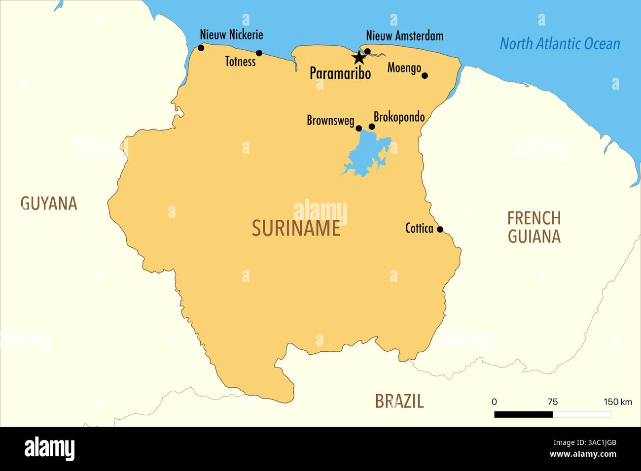 Map of Suriname with Major Cities and Neighboring Countries Stock Photo ...