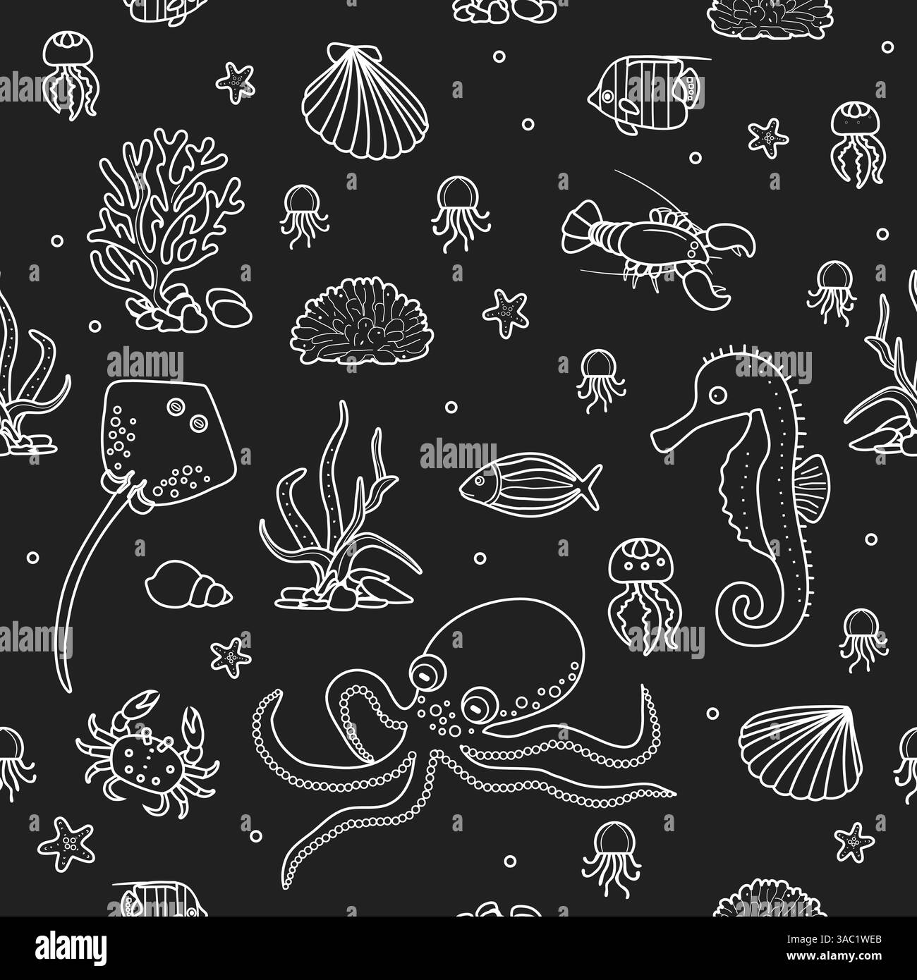 Vector seamless pattern Illustration Seaweed Coral Fish Stingray ...